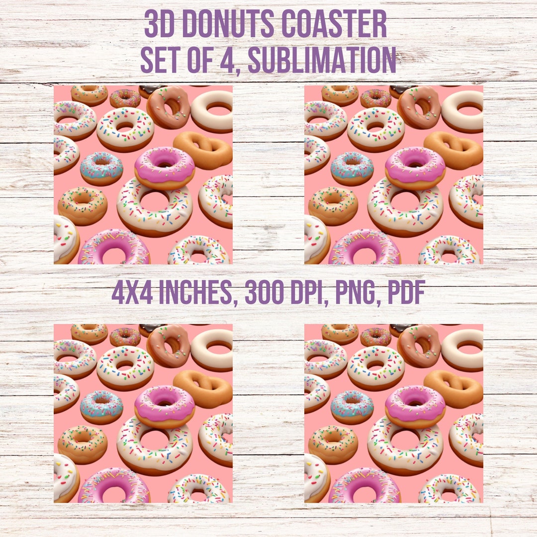 3D Donuts Sublimation Square Coasters - Donut Coasters - Set of 4 ...