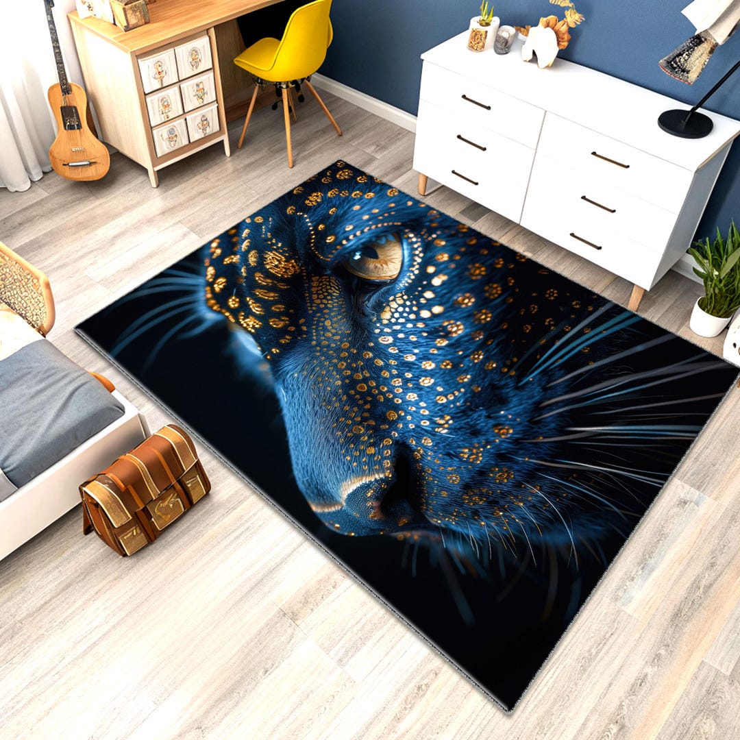 Gold-detailed Black Panther Rug, Animal Decor - Etsy