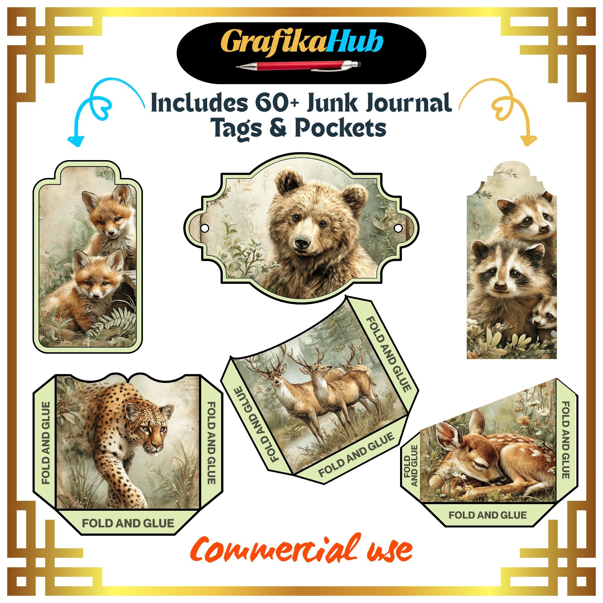 180 Forest Animals Junk Journal Kit, 60 Tags & Pockets, Wild Wildlife ...