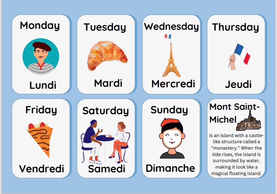 French Language Days of the Week Flashcards - Etsy