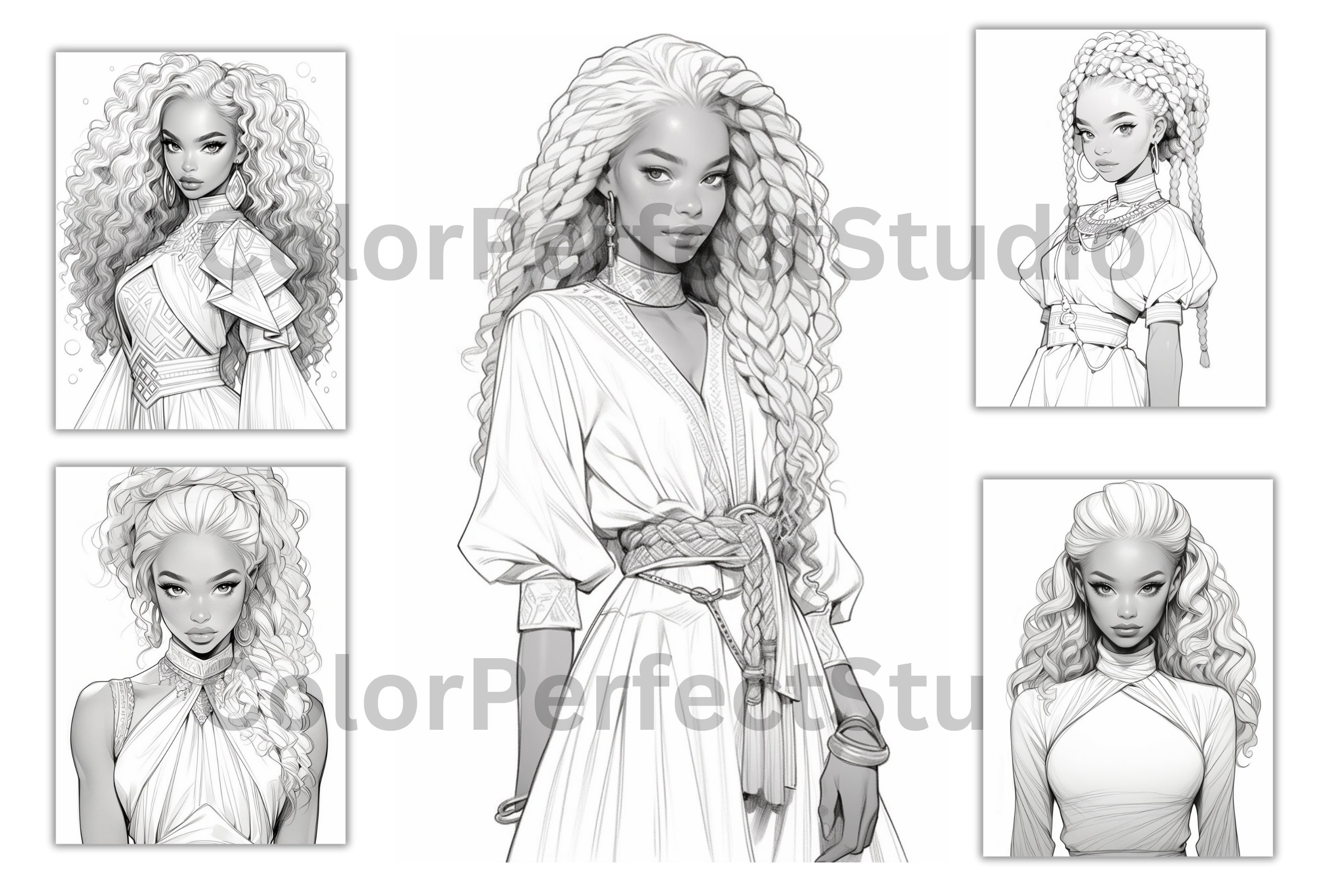 76 Portraits of Beautiful Black Girls Fantasy Coloring Book, Light ...