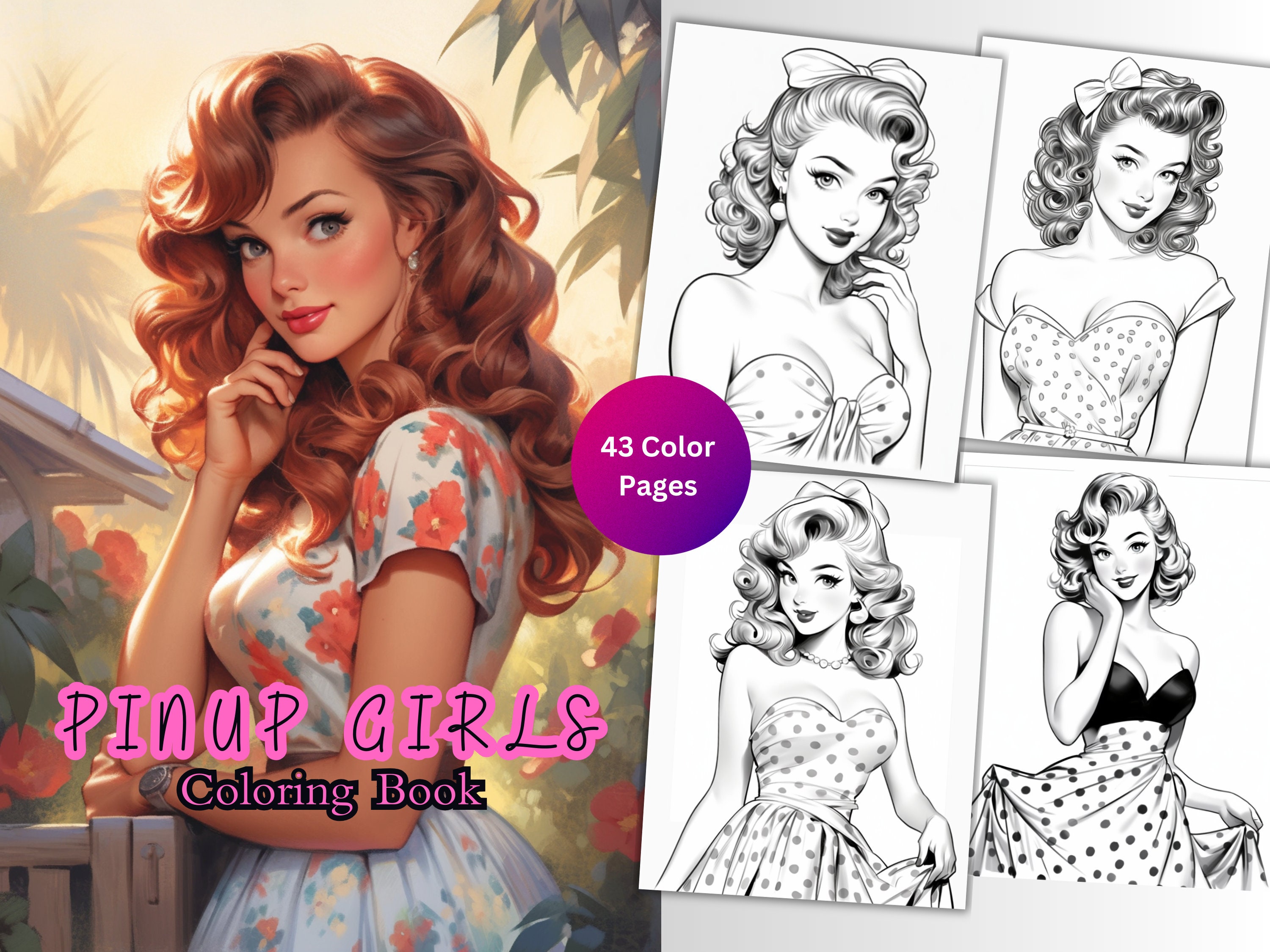 40 Pin-up Girls Part-1 Digital Coloring Book, Pin-up Women Coloring ...