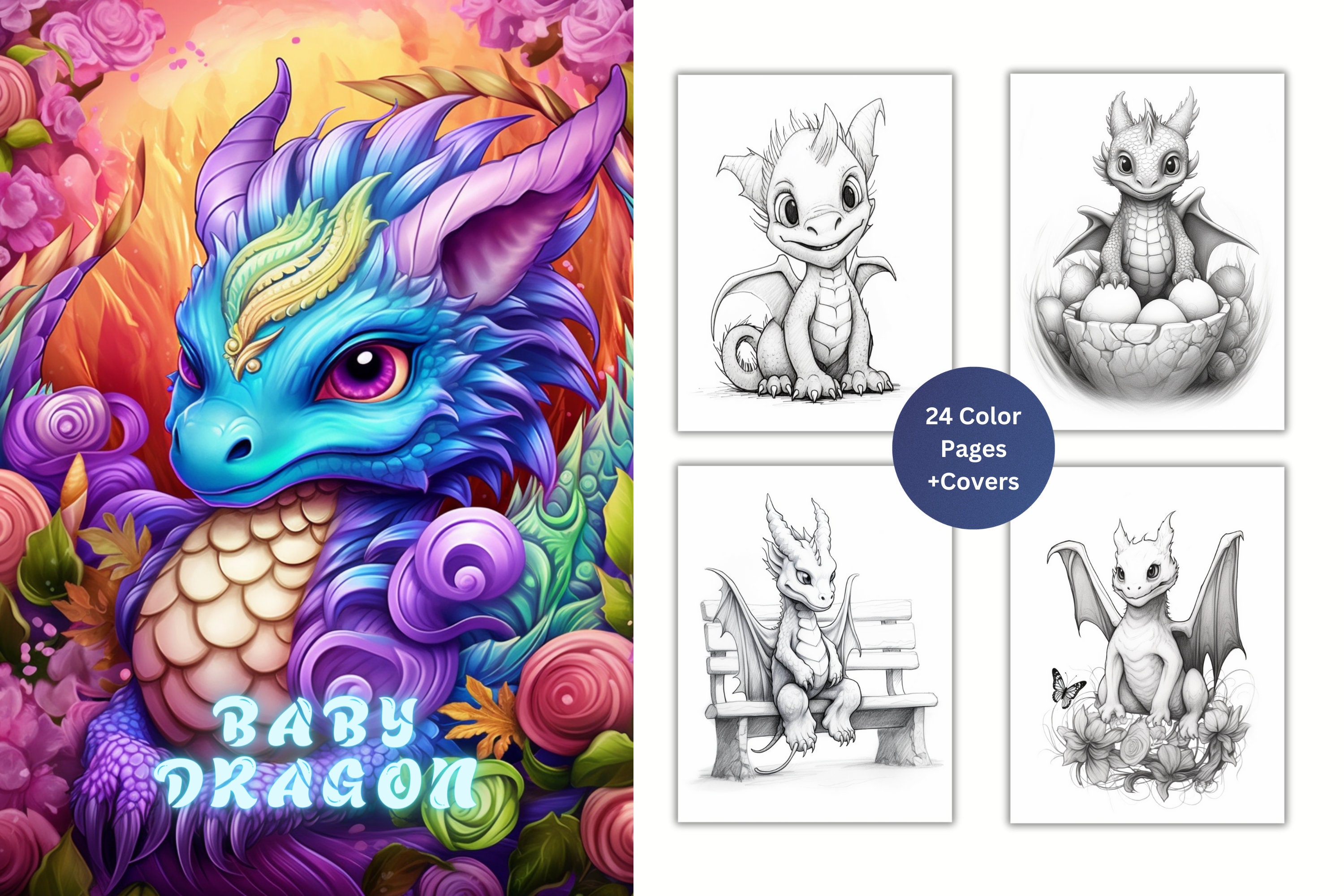 Baby Flower Dragon Fantasy Coloring Page Book, Adults Kids Instant ...