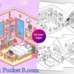 50 Pocket Room: Cute Coloring Book for Relaxing, Interior Isometric ...
