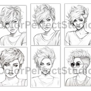 50 Pixie Power Hairstyles Digital Coloring Book, Fashion Girls Haircut ...