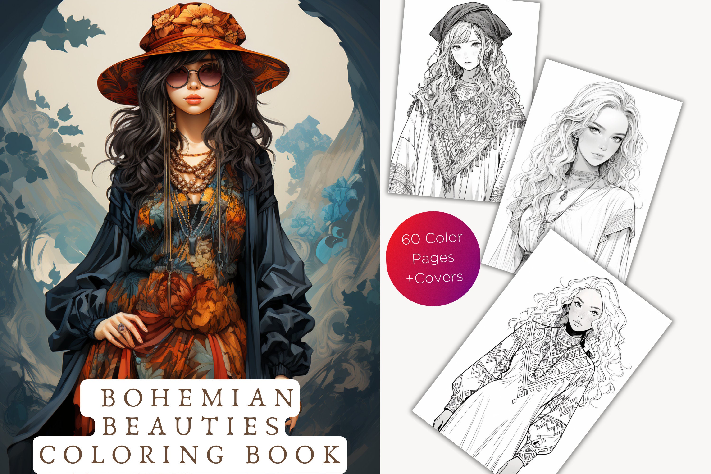 40 Bohemian Style Digital Coloring Book Part-1, Fashion Girls Coloring ...