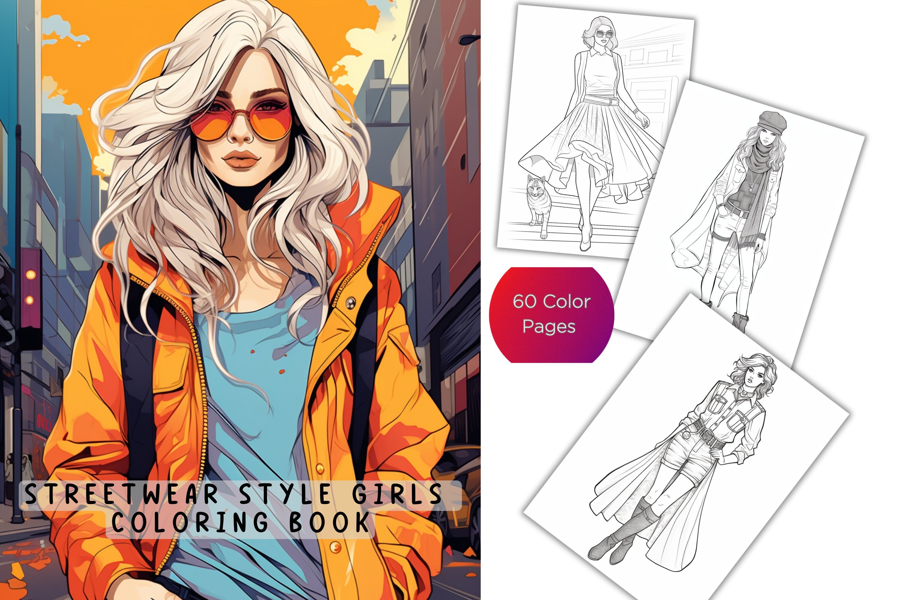 60 Fashion Girls in Streetwear Style Digital Coloring Book, Girls ...