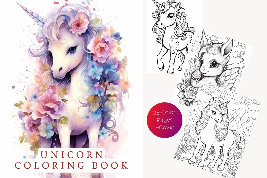 25 Flower Unicorns Fantasy Coloring Page Book, Adults Kids Instant ...