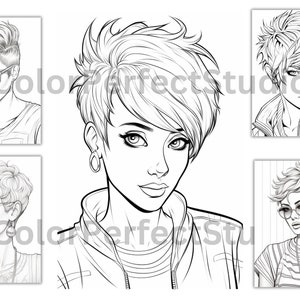 50 Pixie Power Hairstyles Digital Coloring Book, Fashion Girls Haircut ...