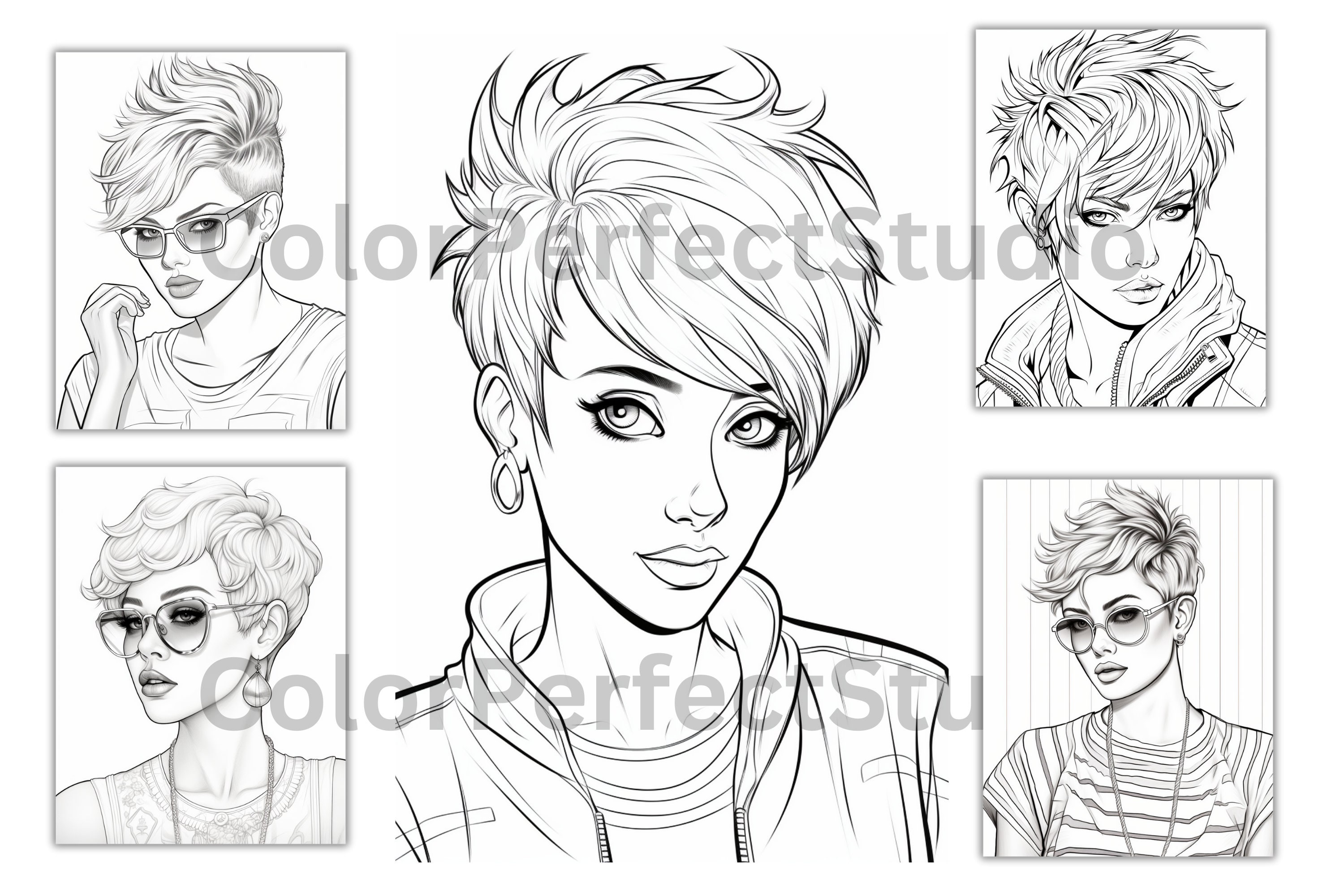 50 Pixie Power Hairstyles Digital Coloring Book, Fashion Girls Haircut ...