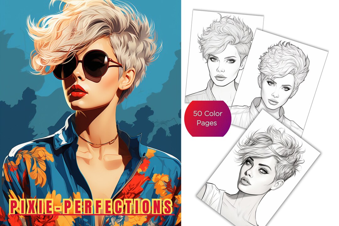 50 Pixie Power Hairstyles Digital Coloring Book, Fashion Girls Haircut ...