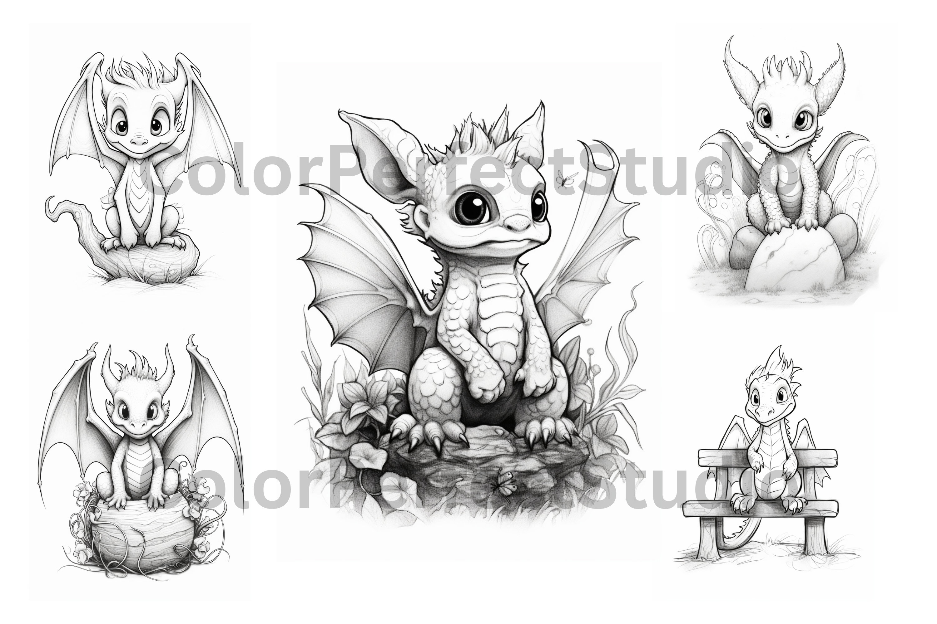 Baby Flower Dragon Fantasy Coloring Page Book, Adults Kids Instant ...