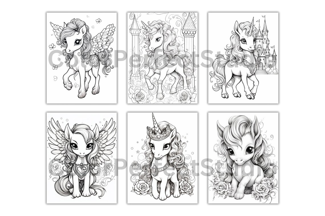 25 Flower Unicorns Fantasy Coloring Page Book, Adults Kids Instant ...
