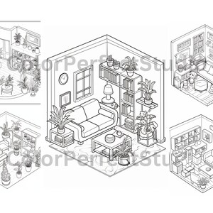 50 Pocket Room: Cute Coloring Book for Relaxing, Interior Isometric ...