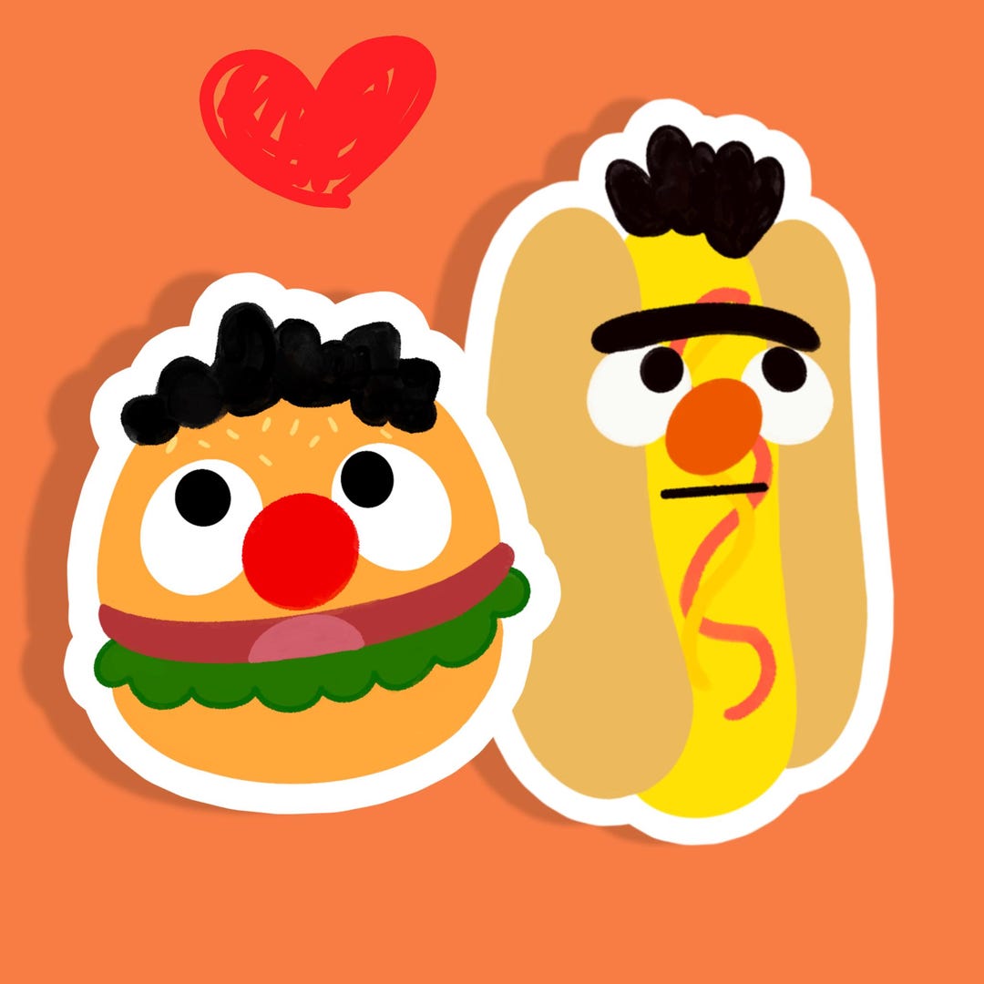 Funny B3rt and 3rnie Couple Inspired Hamburger Hot Dog 2 PSC Sticker ...