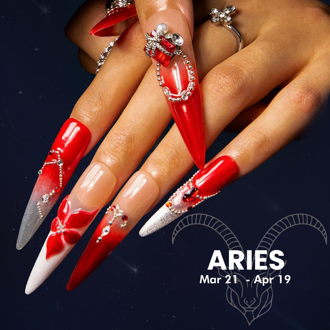 Aries Zodiac Red White Ombre Press on Nails,3d Red Flower Long Stiletto ...