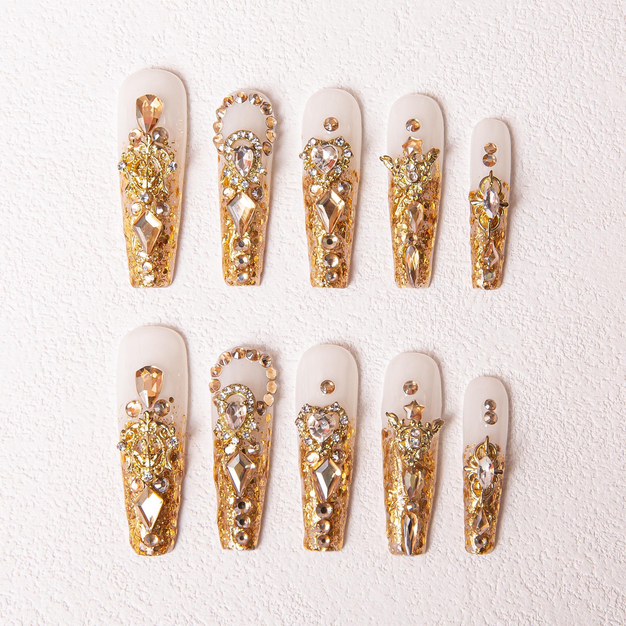 Golden Fingertips Gradient Baroque Luxury Rhinestone Press on Nails ...