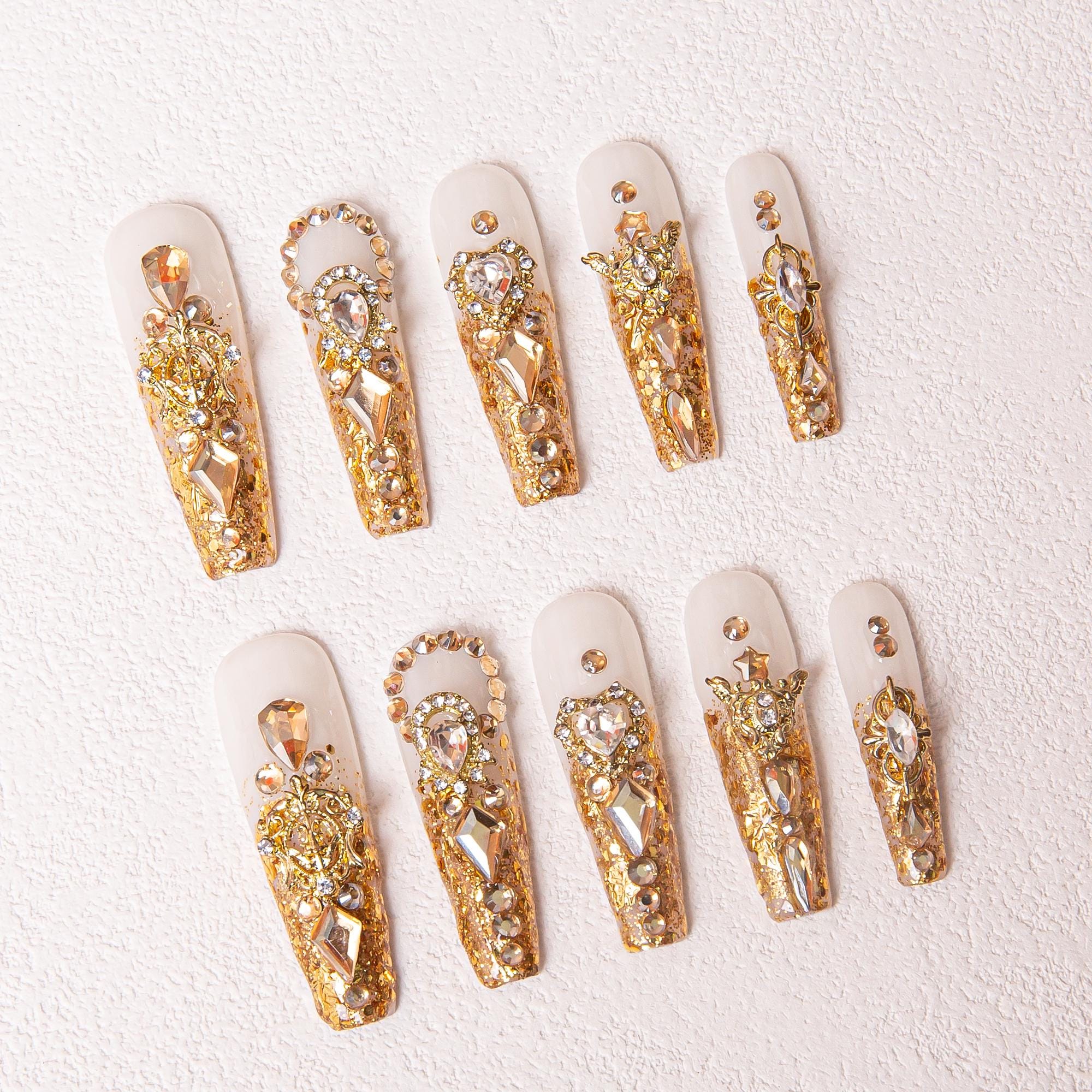 Golden Fingertips Gradient Baroque Luxury Rhinestone Press on Nails ...