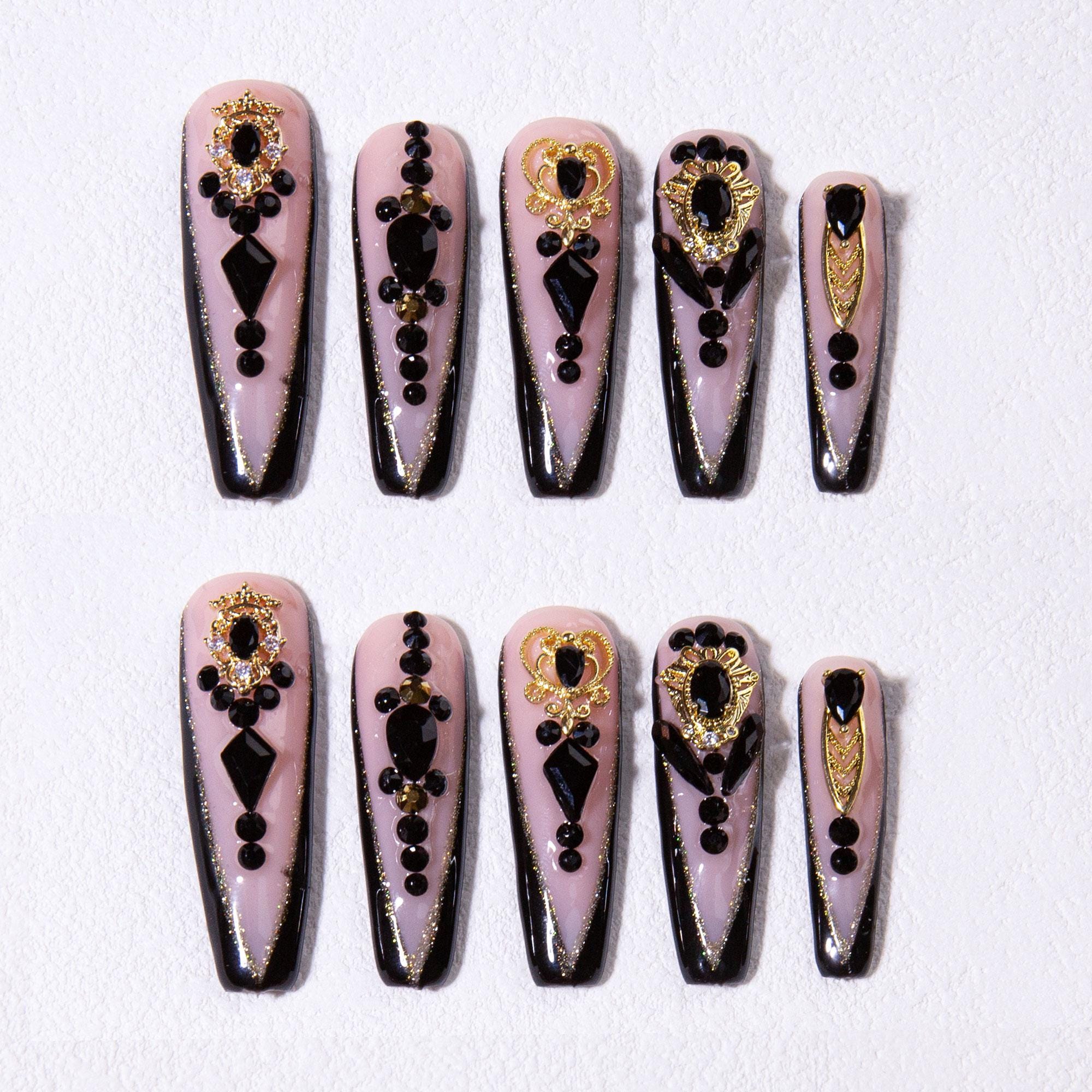 Black Handmade Painting Press on Nails|black French Style Gorgeous ...