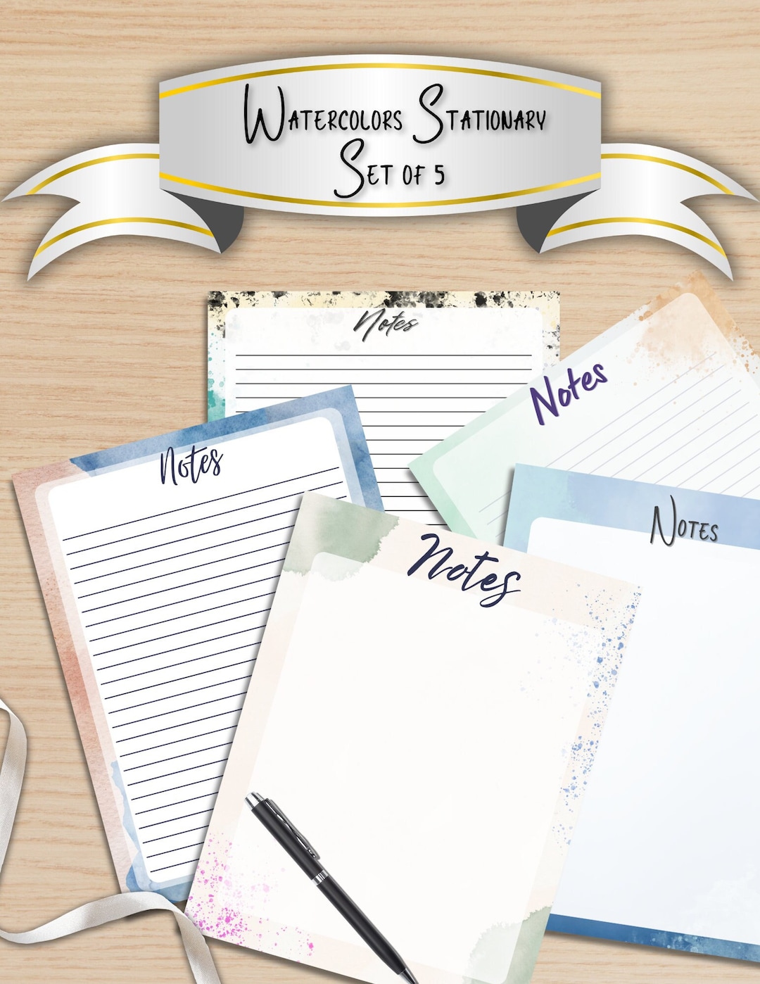 Water Colors Stationary Paper, Set of 5, Pretty Stationary, Printable ...