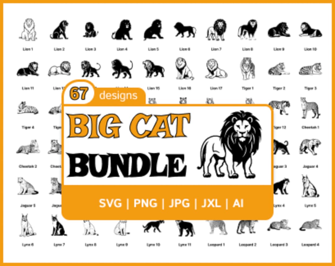 Big Cat SVG Bundle, 67 Unique Images, Animal Clipart, Animal SVG Bundle ...