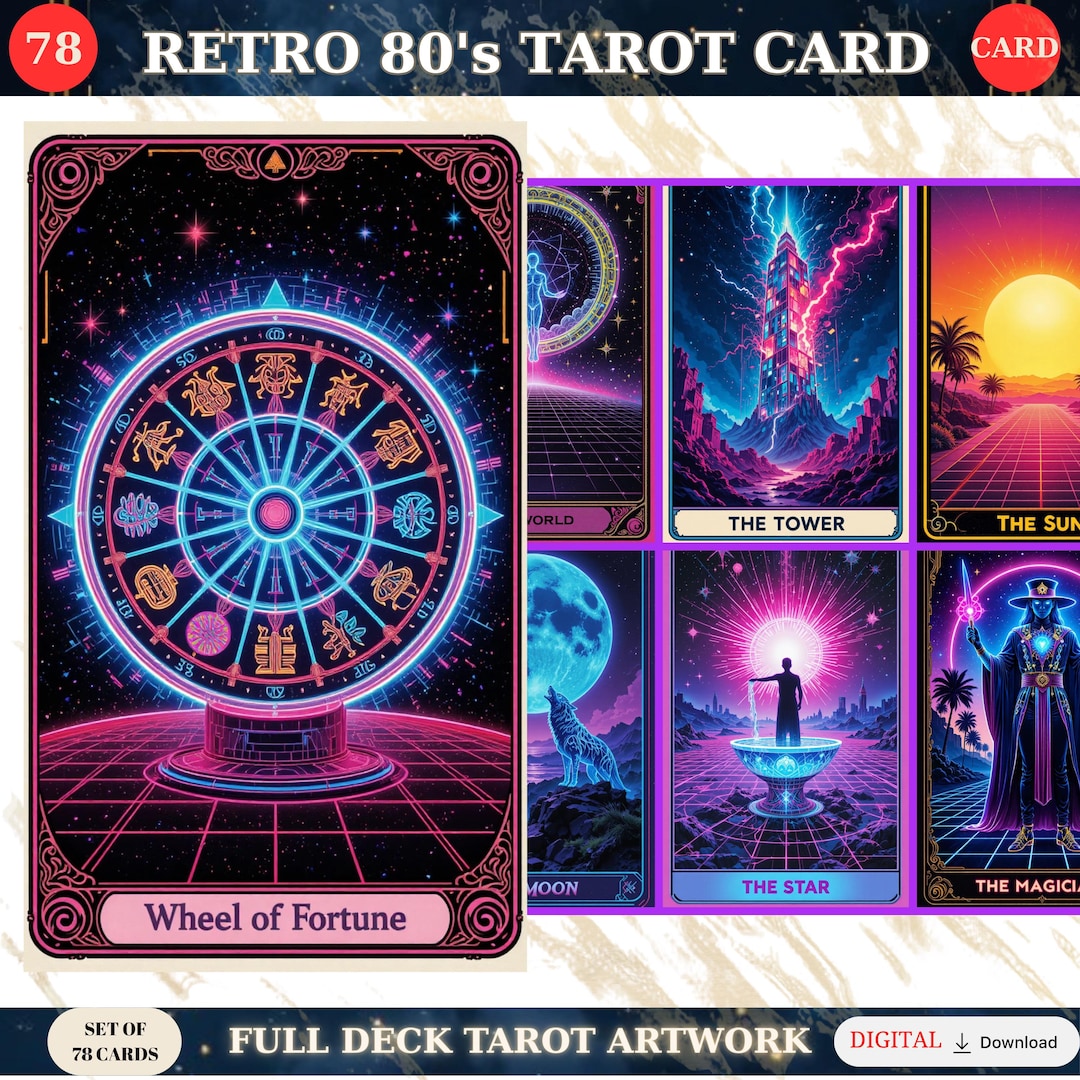 Retro 80’s Tarot Deck – Neon Printable Digital Tarot for Vaporwave ...