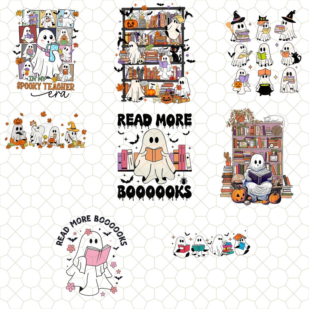Ghost Reading Book Png Bundle, Halloween Bookshelf Png, Ghostly Bookish ...