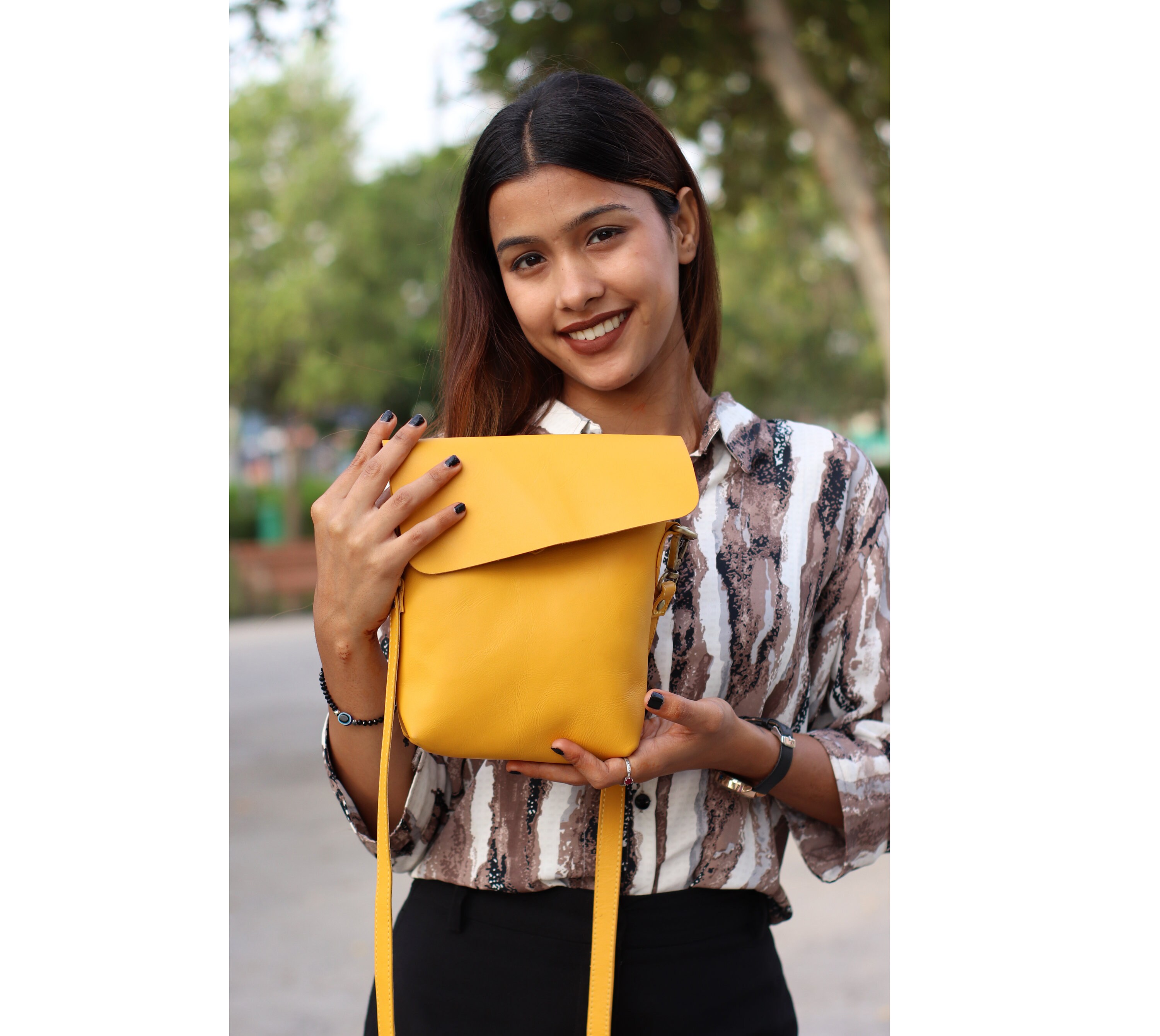 Yellow Leather Crossbody Bag With Adjustable Strap, Handcrafted Genuine ...