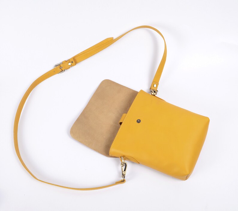 Yellow Leather Crossbody Bag With Adjustable Strap, Handcrafted Genuine ...