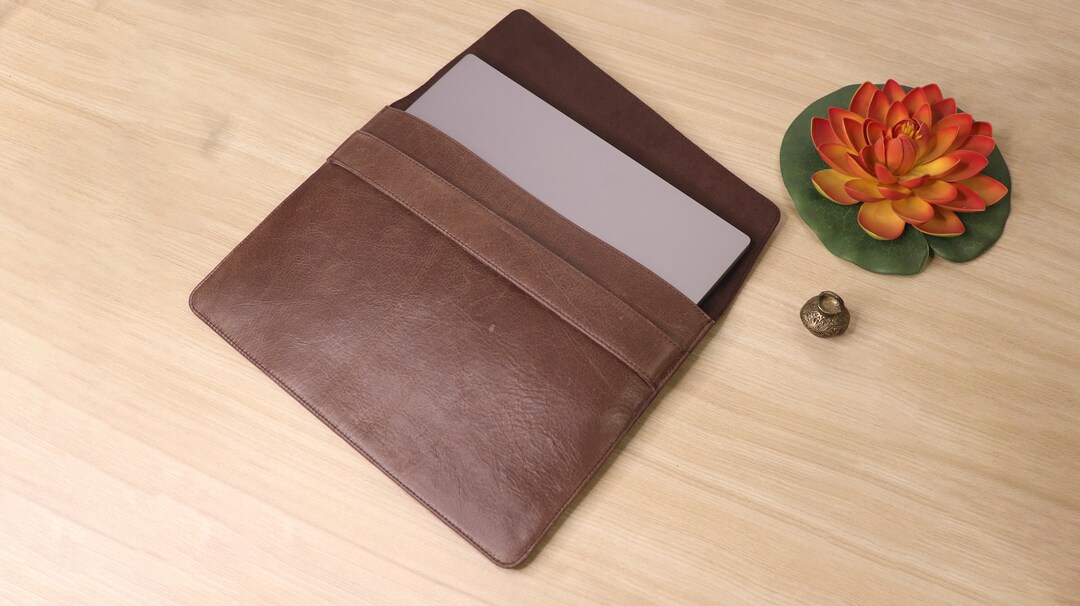 Brown Leather Laptop Sleeve, Water-resistant, Stylish, Half Flap Laptop ...