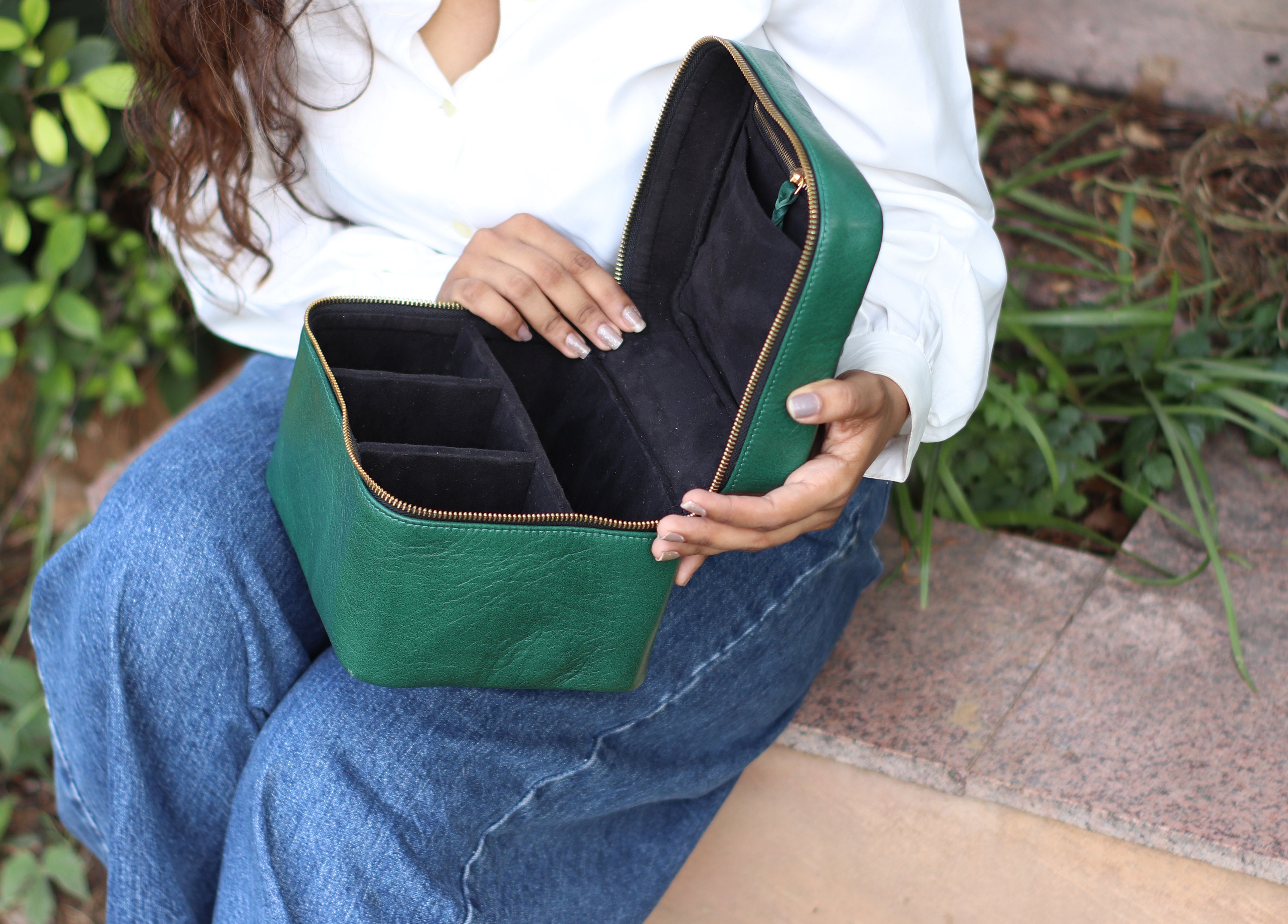 Green Leather Vanity Case, Travel Jewelry Case, Leather Cosmetics Bag ...