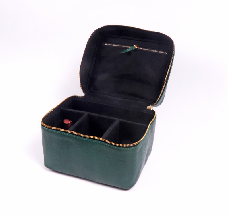 Green Leather Vanity Case, Travel Jewelry Case, Leather Cosmetics Bag ...