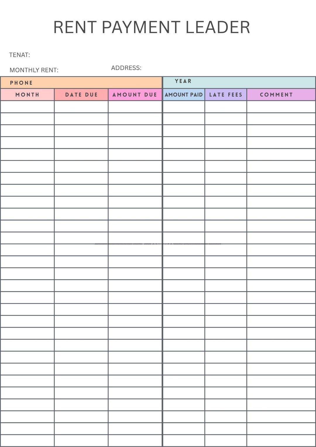 Printable Rent Payment Ledger Template (PDF) - Etsy