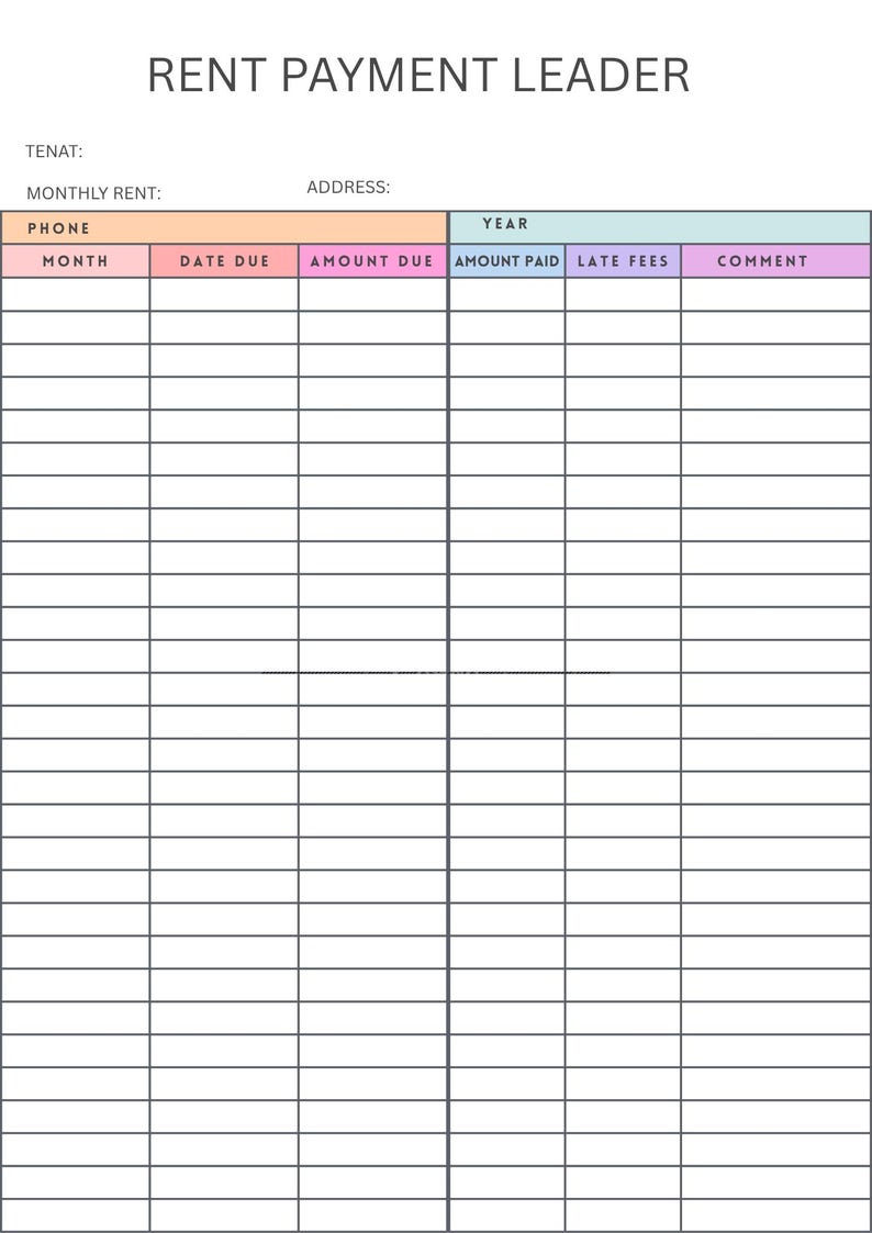 Printable Rent Payment Ledger Template (PDF) - Etsy