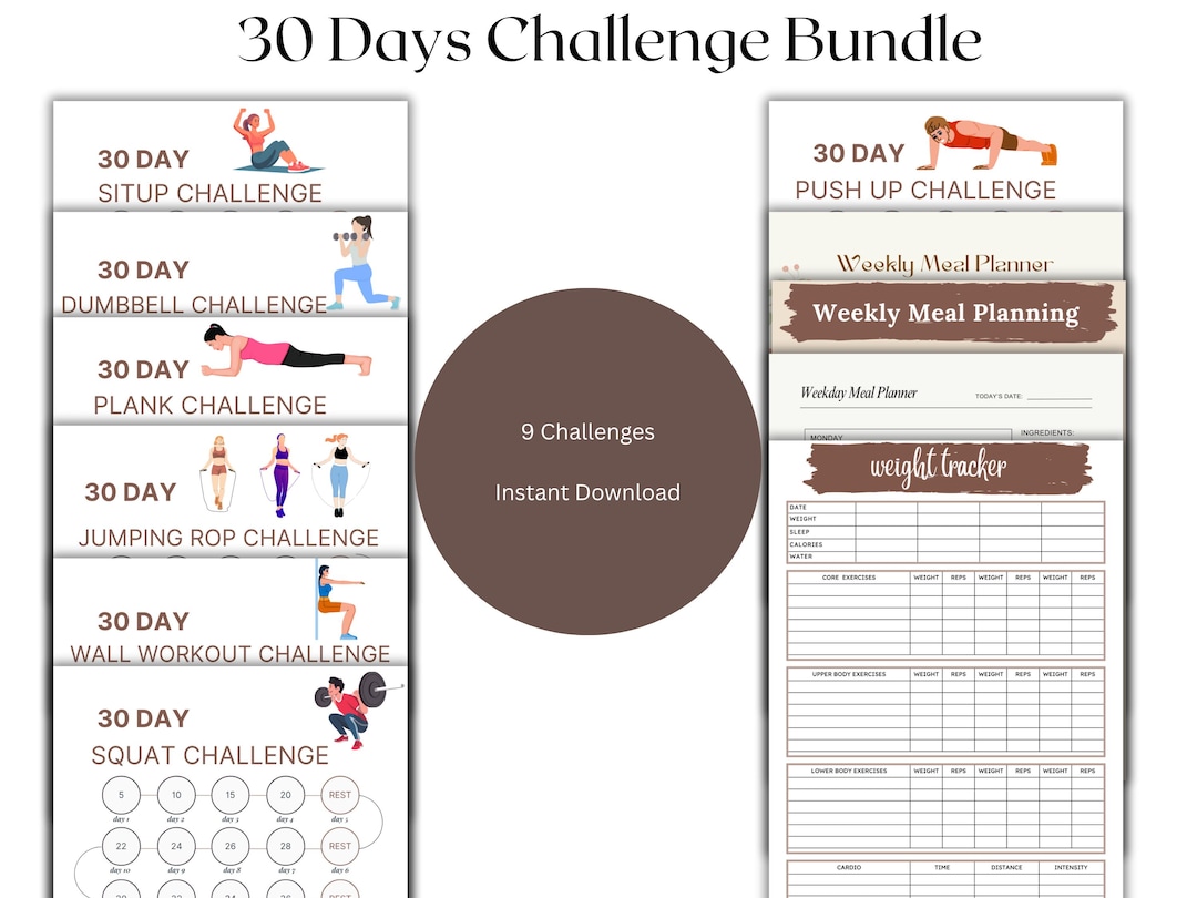 30-day Fitness Challenge Printable Bundle, Workout Tracker (digital ...