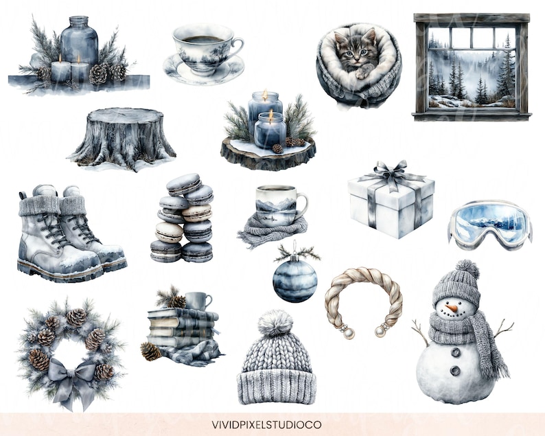 Winter Mood Watercolor Clipart Set | Cozy Gray Blue Neutral Winter ...