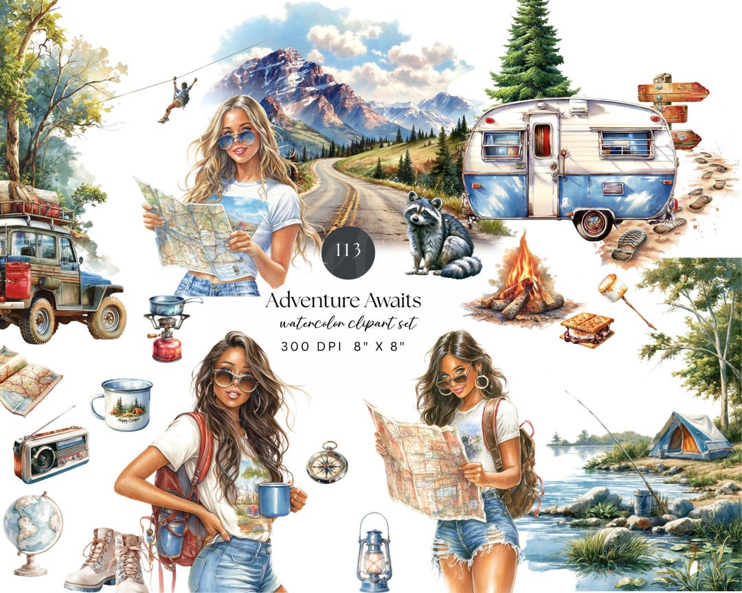 Camping Clipart Set PNG | Adventure Awaits Road Trip Bundle | Outdoor ...