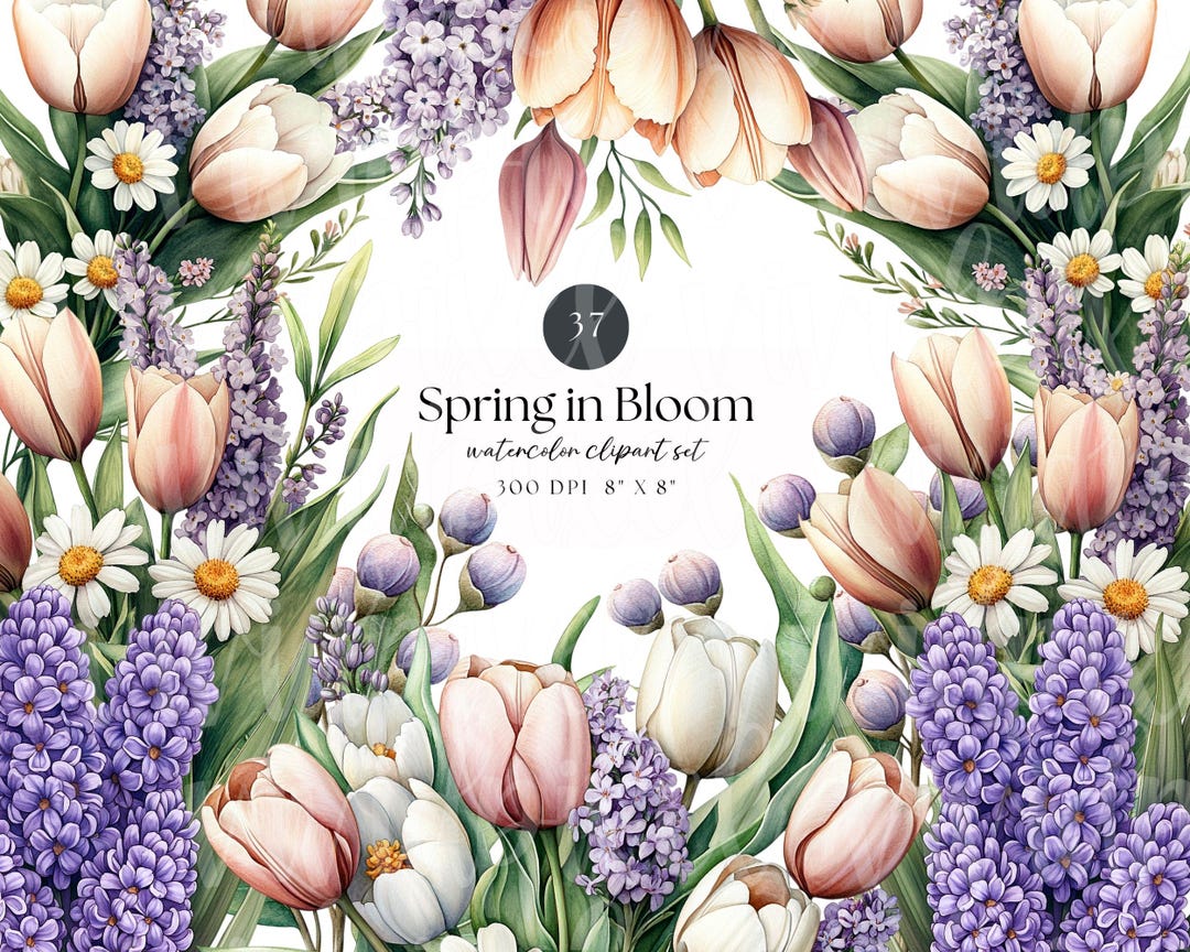 Spring Floral Watercolor Clipart | Cottagecore Tulips, Daisies ...