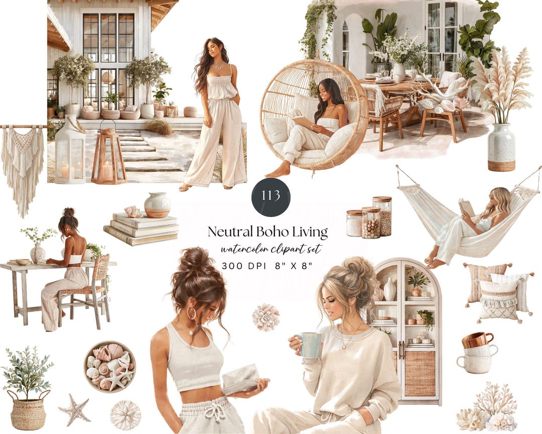 Neutral Boho Coastal Clipart Bundle | Neutral Summer PNG | Boho ...