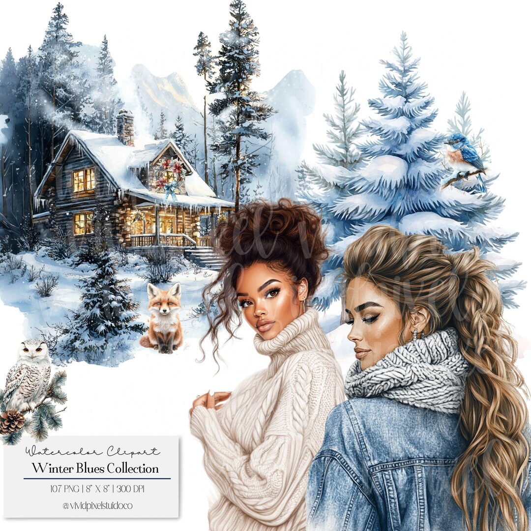 Winter Watercolor Clipart Set | Cozy Cottage, Snowy Cabin, Fireplace ...