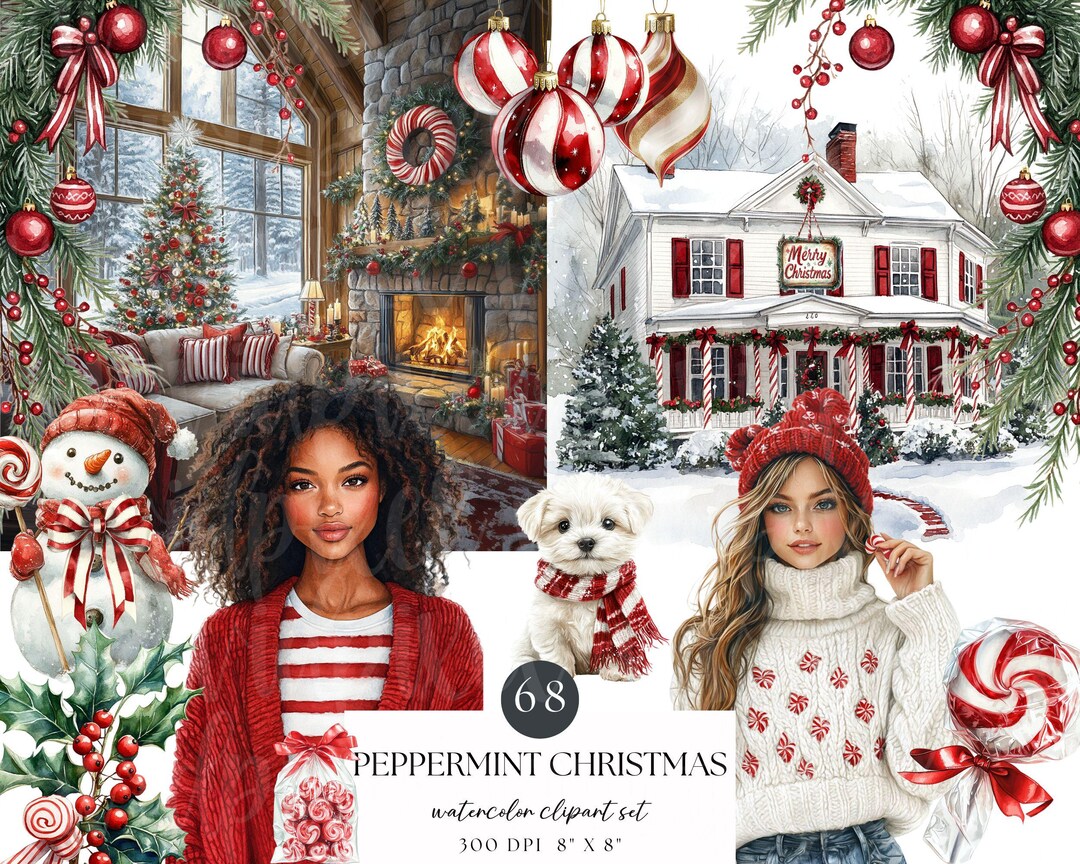 Peppermint Christmas Clipart Bundle | Holiday Watercolor Set, Winter ...
