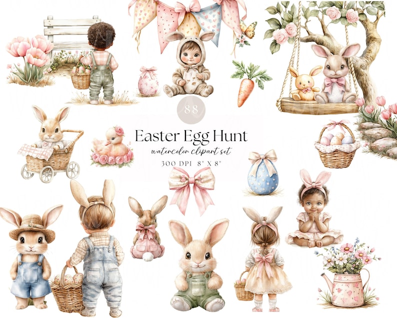 Easter Bunny Clipart Set | Watercolor Easter Egg Hunt | Nursery ...
