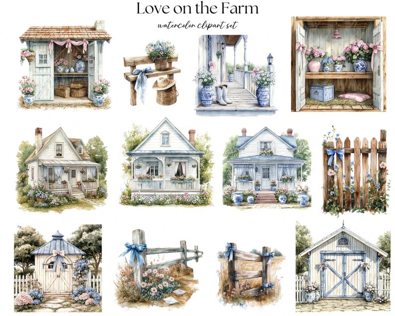 Love on the Farm Watercolor Clipart Set | Romantic Farmhouse ...