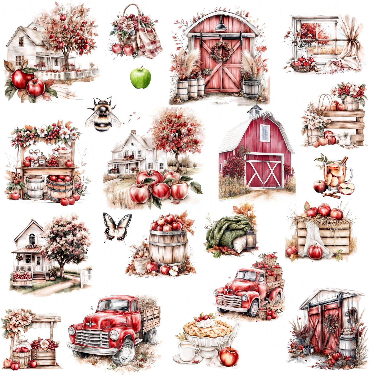 Apple Orchard Watercolor Clipart Bundle: Fall Farmhouse PNG Graphics ...