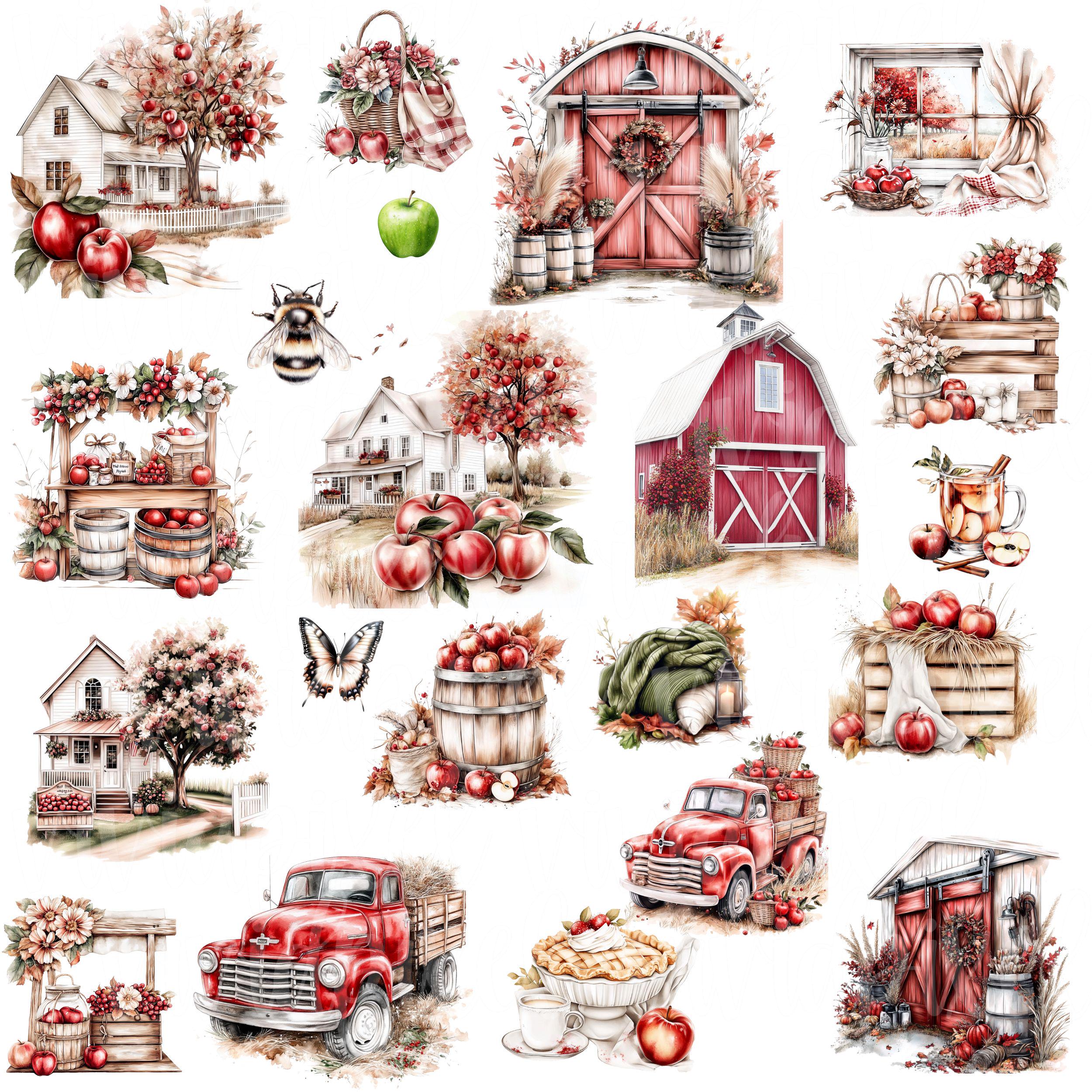 Apple Orchard Watercolor Clipart Bundle: Fall Farmhouse PNG Graphics ...