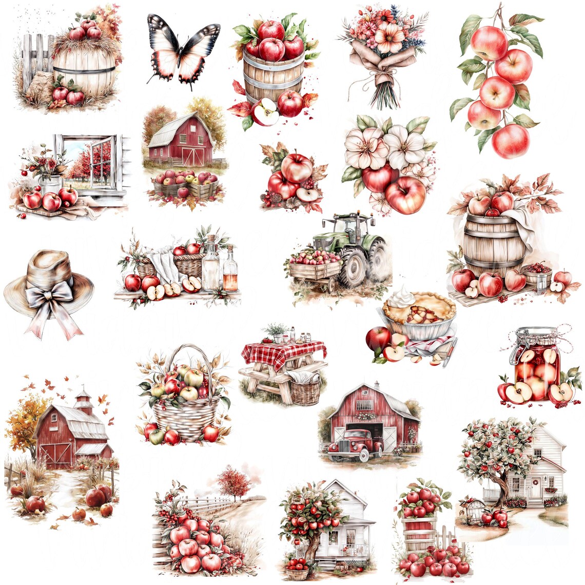 Apple Orchard Watercolor Clipart Bundle: Fall Farmhouse PNG Graphics ...