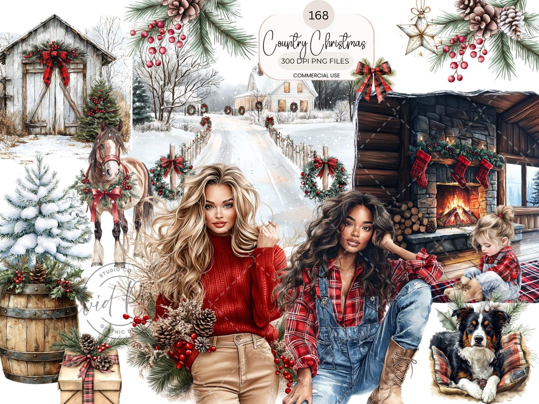 Country Christmas Clipart Bundle | Rustic Farmhouse Winter PNG ...