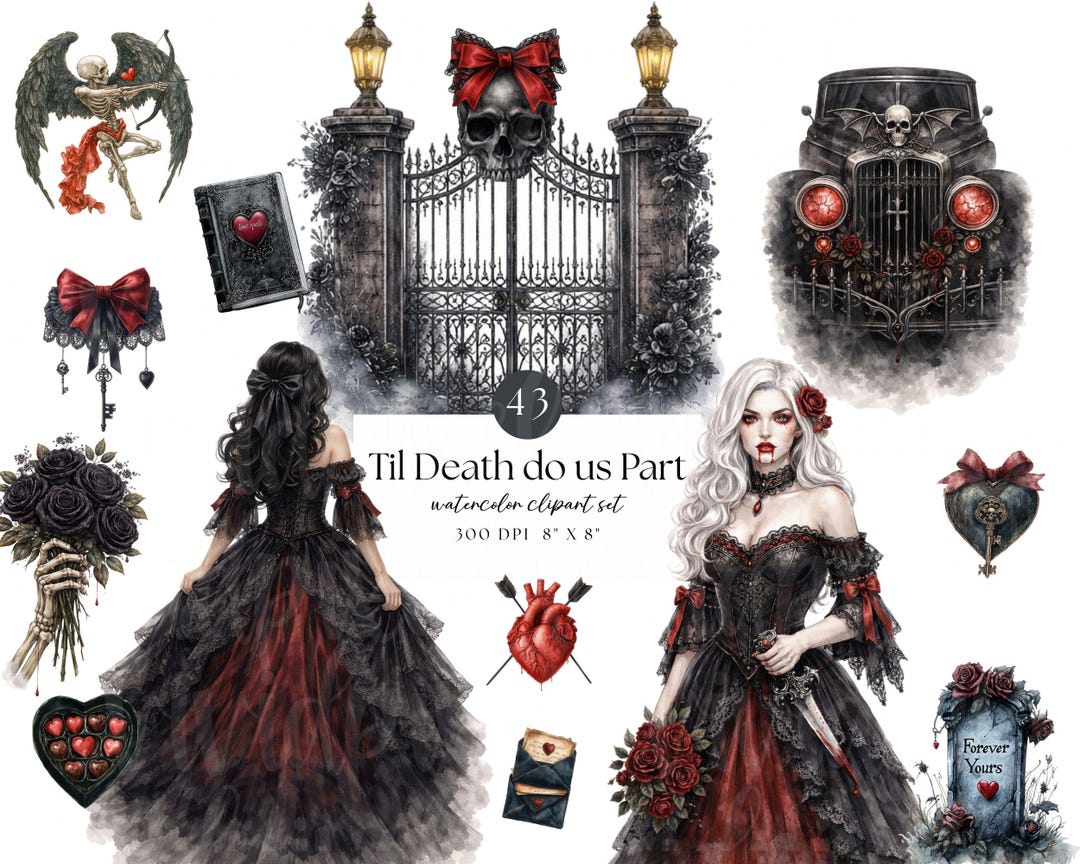 Goth Valentine Clipart Bundle | Dark Romance Watercolor PNG |till Death ...