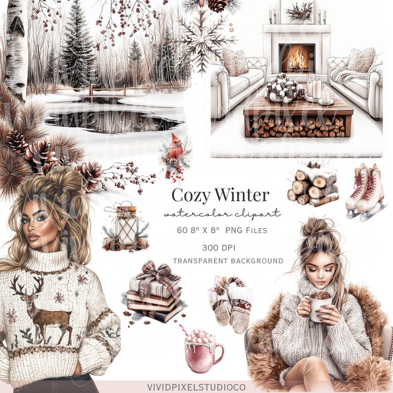 Watercolor Winter Wonderland Clipart Set | Rustic Cabin Retreat ...