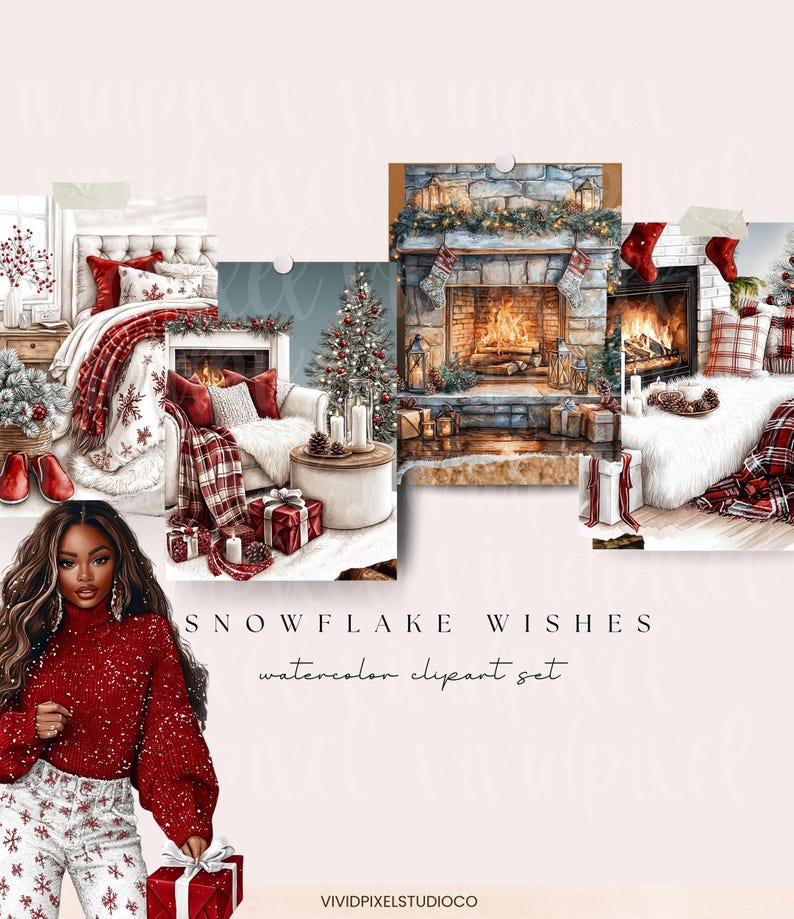 Snowflake Wishes Christmas Clipart Bundle | Cozy Holiday Watercolor ...
